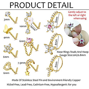 ZELORES 10 Pcs 20G Gold Nose Ring Studs for Women Stainless Steel L Shaped Dangle Nose Studs CZ Cross Butterfly Gold Dangle Nose Rings Hoops Set (Gold Tone)