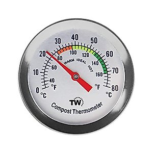 Compost Thermometer Stainless Steel Dial - Ideal Composting Soil Thermometer with 50MM Diameter C and F Dial and 295MM Compost Temperature Gauge Probe