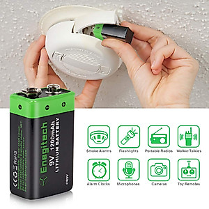 Enegitech 9V Lithium Battery, 9 Volt Lithium Battery 1200mAh for Smoke Detector, Fire Alarm, Keyless Entry Door Lock, Multimeter, Metal Detector Non-Rechargeable 4 Pack