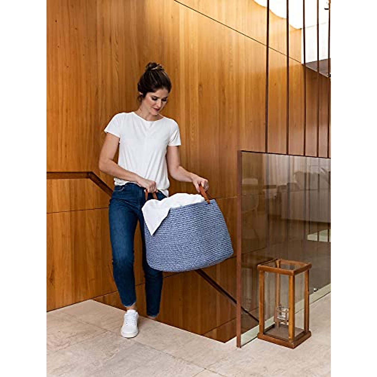 OrganiHaus Large Basket for Blankets for Living Room 20x13 | Woven Laundry Basket | Boho Blanket Basket | Toy Storage Basket for Kids | Cotton Rope Basket w/Handles | Shoe Basket for Entryway - Blue