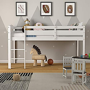 Costzon Twin Loft Bed, Solid Wood Low Loft Bed w/Guard Rail and Ladder, Boys & Girls Twin Bed for Kids Room, No Box Spring Needed, Classic Children Low Loft Bed with Storage for Bedroom, White