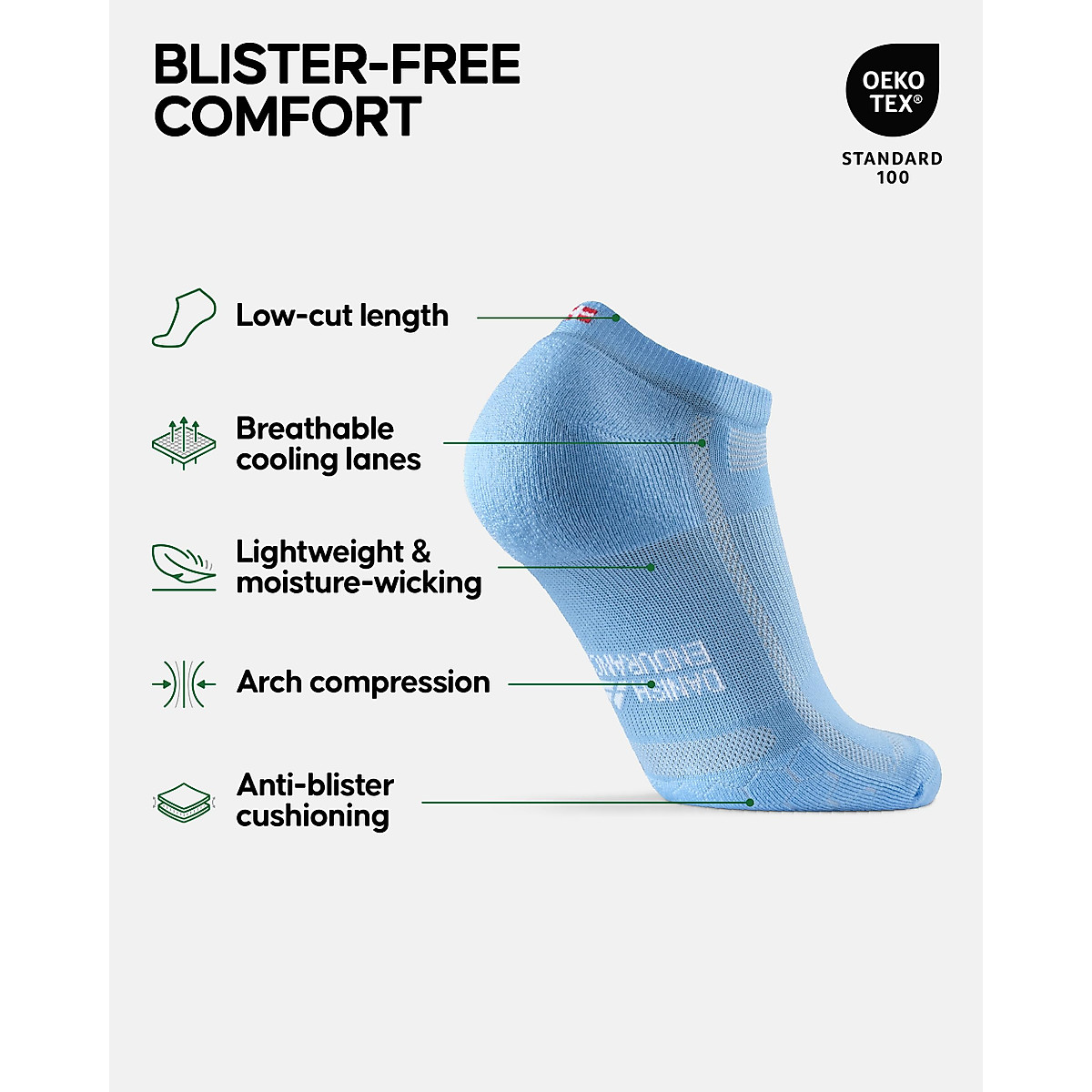 DANISH ENDURANCE 3 Pack Low-Cut Long Distance Running Socks, Men & Women, Light Blue, US Women 11-13 // US Men 9.5-12.5