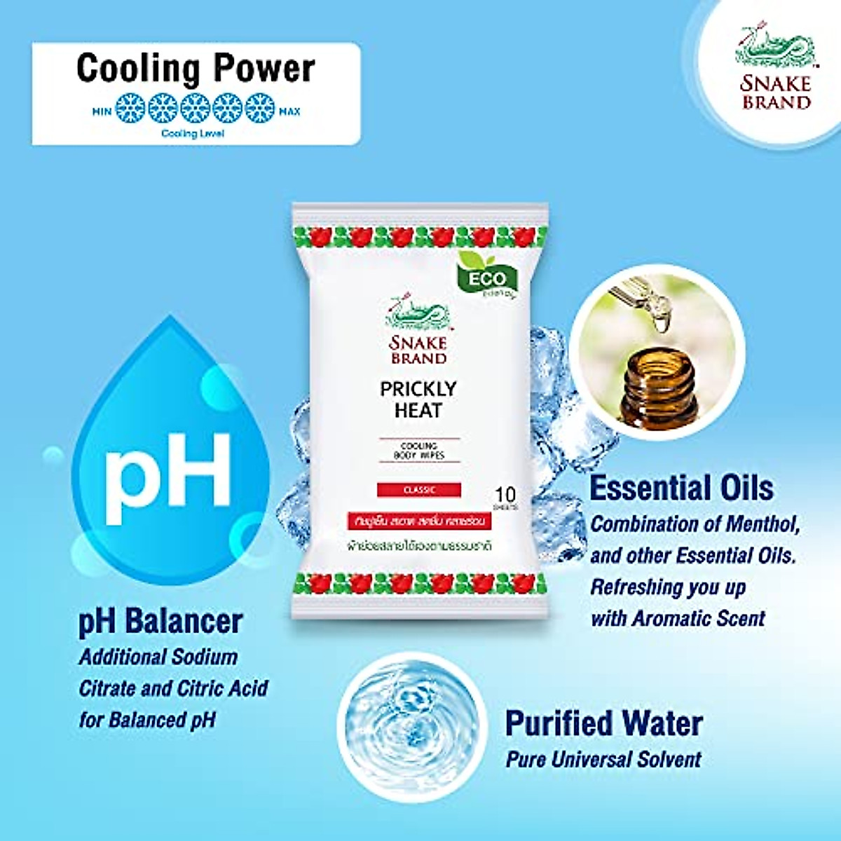 Snake Brand Cooling Body Wipes Instant Ice Eco Friendly Tissue Relaxing Original Classic Scent, 3 Packs x 10 Sheets - Daily Use Body Wipes