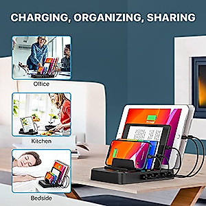 Charging Station for Multiple Devices 5 Ports with 6 Mixed Charging Cables Multi USB Charger Station Organizer for Cell Phones Tablets Tab Electronics Tech Gadget