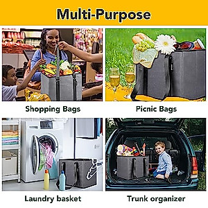 XPCARE 6Pack Reusable Grocery Bags - Heavy Duty Reusable Shopping Bags with Box Shape to Stand Up, Stay Open, Fold Flat - Foldable Grocery Tote Bag with Long Handles & Reinforced Bottom Grey