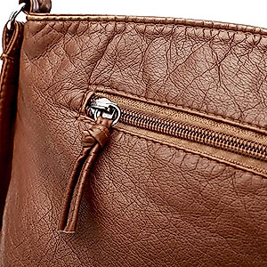 Casual Multi-zipper Messenger Totes PU Women Big Capacity Solid Shoulder Handbag, Brown, 21 x 18 x 5cm