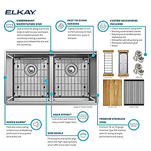 Elkay Crosstown 16 Gauge Workstation Stainless Steel, 31-1/2" x 18-1/2" x 9" Equal Double Bowl Sink Kit with Aqua Divide