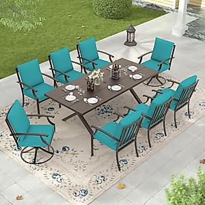 RTDTD 9 Pieces Outdoor Dining Set Patio Dining Table and Chairs Set Outdoor Furniture Set with 1 Rectangular Metal Dining Table with Umbrella Hole, 8 Patio Chairs with Blue Cushions