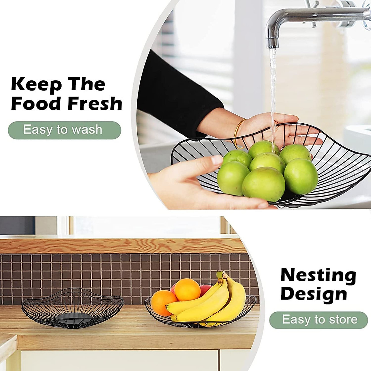 Fodayuse 2 Pcs Flat Modern Fruit Bowl, Fruit Holder for Fruit and Vegetable Storage, Minimalism Wire Fruit Bowls for Kitchen Counter, Home Decor, Countertop, Table Centerpiece, Black