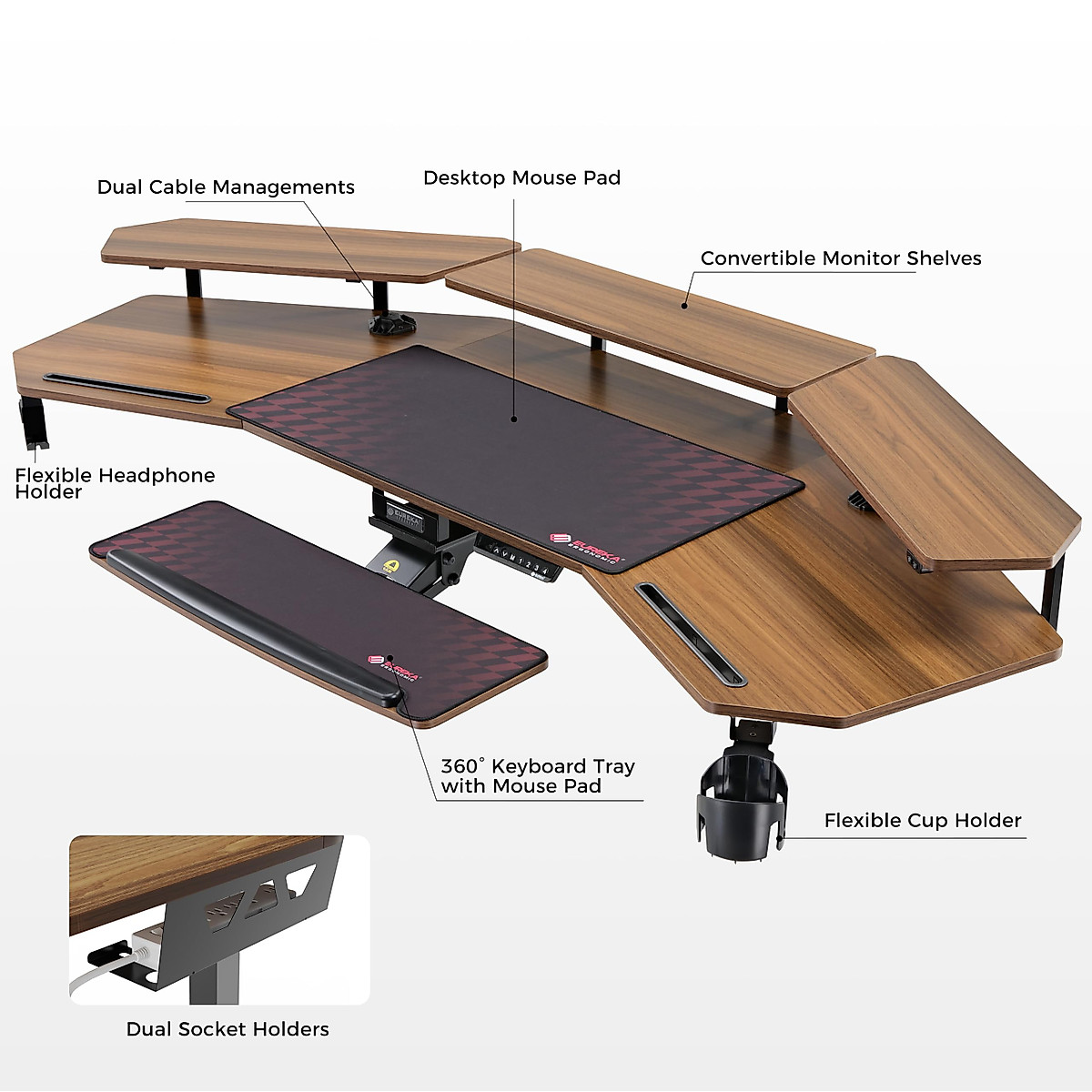 EUREKA ERGONOMIC Standing Desk Adjustable Height, Computer Desk w Keyboard Tray 72" Gaming Music Studio Desk LED Monitor Stand,Dual Motor,Slot Design,Walnut