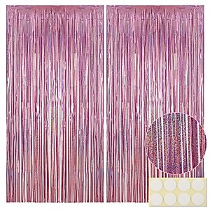 RUBFAC Pink Tinsel Backdrop for Pink Party Decorations, Pink Foil Fringe Curtain, 6.4x8 Feet, Pack of 2, Pink Streamers Decorations for Princess Birthday Bachelorette Wedding