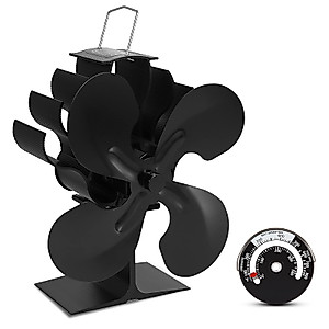LerkeHony 4 Silent Heat Powered Stove Fan, Log Burner Fan with a Thermometer, Eco Friendly Heat Circulation for Wood/Log Burner/Fireplace/Free Stove Thermometer Satin/Black