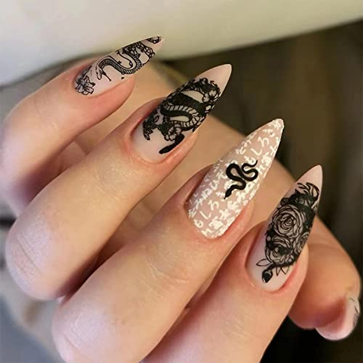 IMSOHOT Matte Long Press on Nails Almond Stiletto Snake Fake Nails Full Cover Black False Nails with Designs White Glue on Nails Acrylic Nails for Women