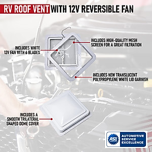 AA Ignition RV Roof Vent with 12V Fan - Fits Camper Trailer Vans, Motorhome, 5th Wheel - 14" x 14" Universal White Lid Roof Vent with 6 Blades - White Lid Inner Translucent Garnish Ring