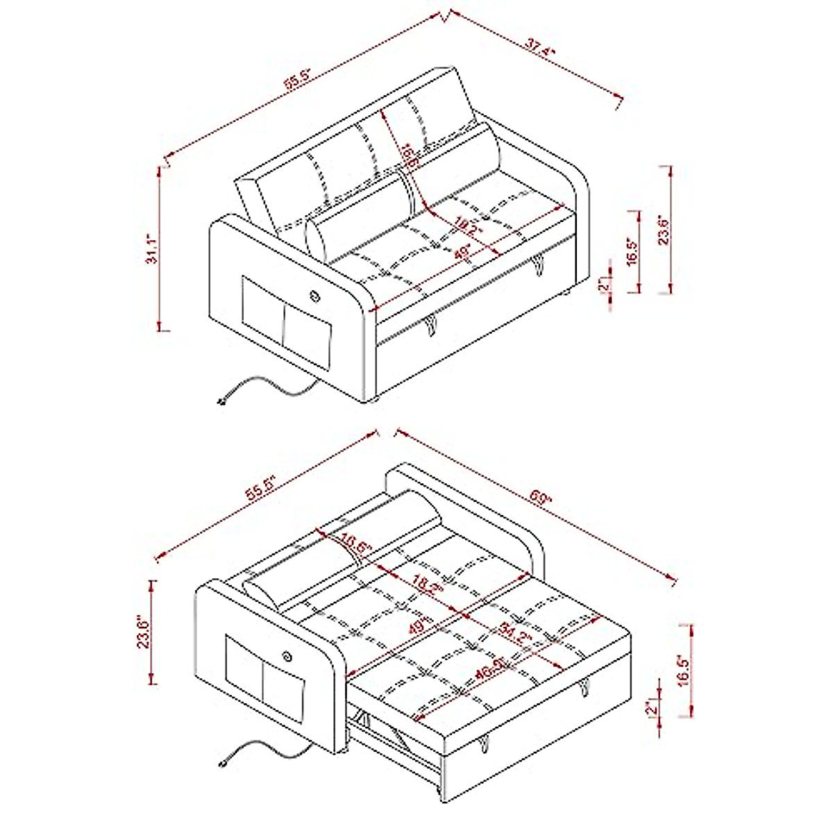 Sofa Couch w/Pull Out Sleeper Bed, 55.5” Black Velvet Upholstery Convertible Loveseat Twin Sofabed with Two Arm Pockets, 3-angle Adjustable Backrest Sofa, Build-in 2 USB Charger Ports for Living Room