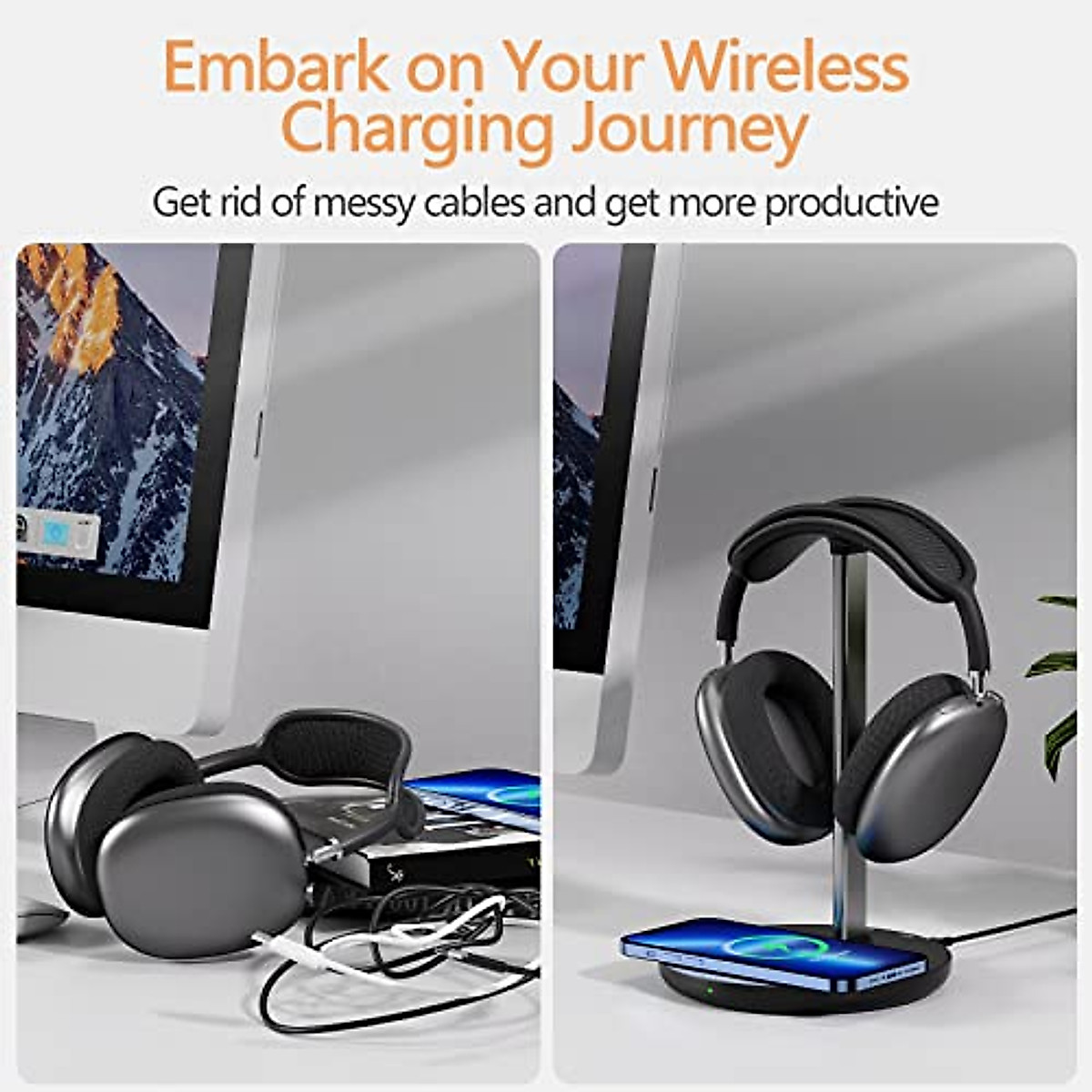 Headphone Stand with Wireless Charger, Gaming Headset Holder Hanger Rack 2 in 1 Wireless Charging Station Dock for iPhone 14/13/12/11 Series, Samsung, AirPods Pro/3/2 and Desk All Headphones, Black