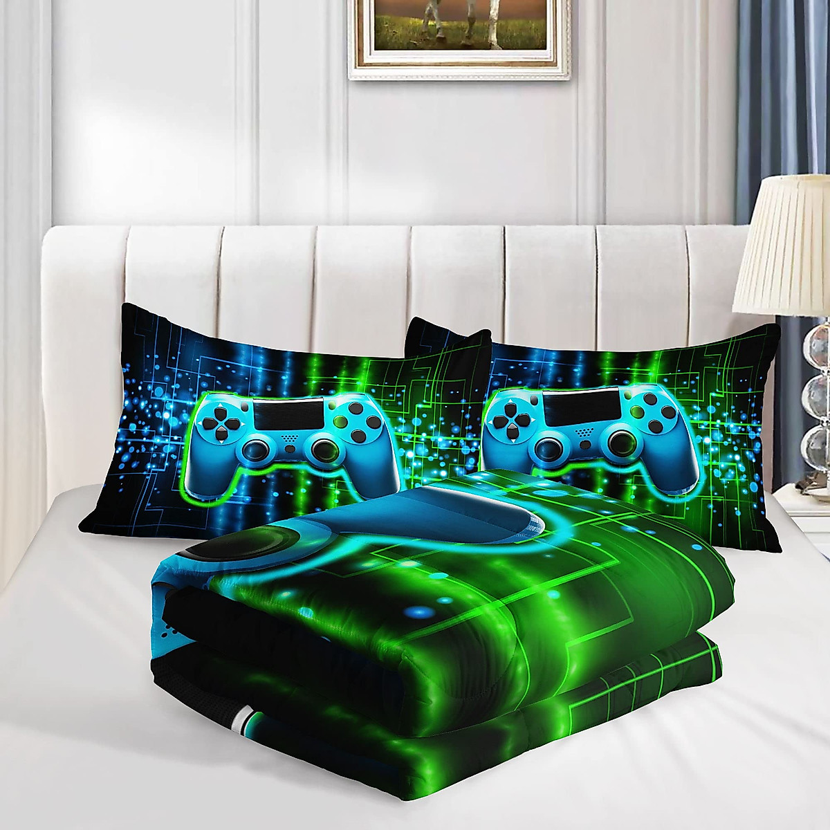 Datura home Video Gamer Comforter Set for Kids Teens Adults,Green Black Gamepad Modern Gamer Gaming Printed Bedding Set with 1 Comforter and 2 Pillowcases(Gamepad Green Twin)