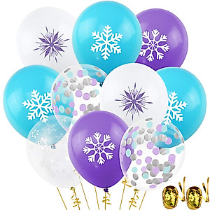50Pcs Snowflake Balloon with Purple Blue White Latex Balloons, Frozen Snowflake Birthday Party Supplies 12 Inch Winter Theme Balloon for Frozen Baby Shower Winter Wonderland New Year Party Decorations