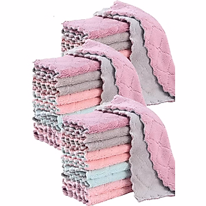 24 Pack Kitchen Dish Cloths Dish Towels, Super Soft and Absorbent Coral Fleece Cloth, Coral Velvet Microfiber Cleaning Cloth, Nonstick Oil Washable Fast Drying Dish Rags for Clean Table, Dish, Glass.