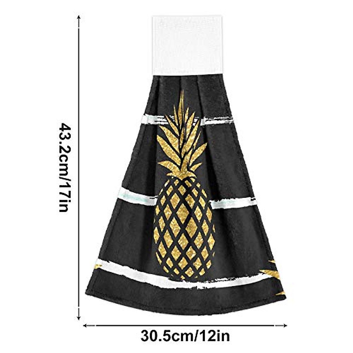 Yellow Gold Golden Glitter Pineapple On White Black Stripes 2 Pcs Hanging Kitchen Hand Towels, Hanging Tie Towels with Hook & Loop Dishcloths Sets, Decorative Absorbent Tea Bar Bath Hand Towel