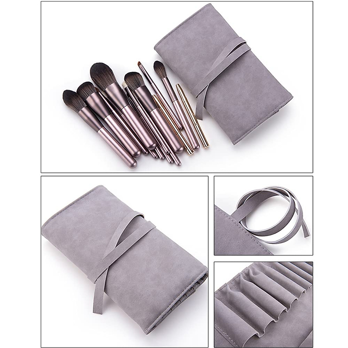 JAMEND CLXP 14 Pockets Makeup Brush Travel Rolling Case Gray Waterproof Cosmetic Travel Bag Brushes Pouch Holder, Premium Leather Brush Organizer with Belt Strap for Women Girls, NO BRUSHES.