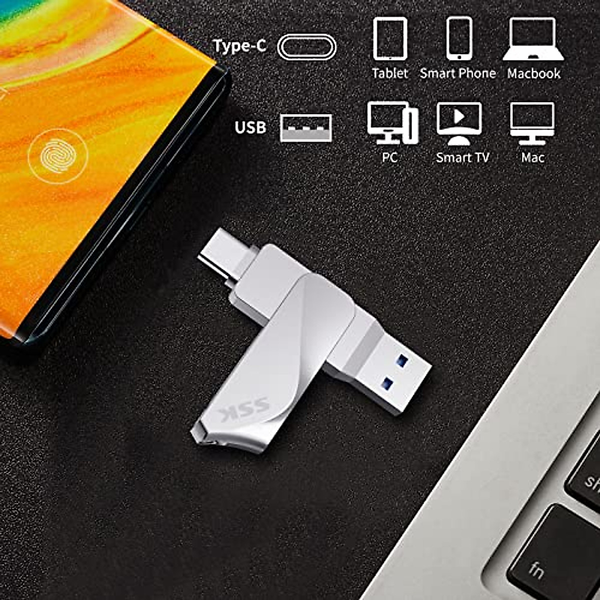 SSK 128GB USB C Flash Drive Dual Drive 2 in 1 OTG USB A 3.2 + Type C Memory Stick Thumb Drive, Thunderbolt Pendrive up to 200MB/s Transfer Speed Photo Stick for Android Phones/Tablets/Mac/Laptop