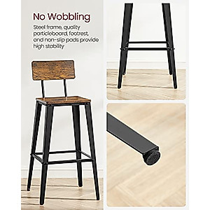 VASAGLE Set of 2 Bar Stools, Bar Height Stools, Tall Bar Stools with Back, Bar Chairs, Steel Frame, Industrial Style, Easy Assembly, Rustic Brown and Black ULBC078B01