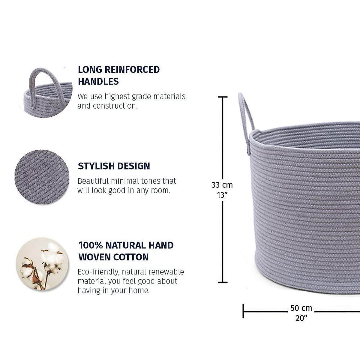 OrganiHaus Gray Extra Large Blanket Basket for Living Room 20x13 | Large Woven Baskets for Storage | Baby Laundry Basket | Soft Cotton Rope Basket with Handles | Baby Toy Baskets Storage for Kids