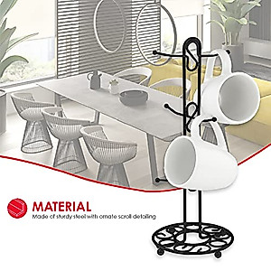 Home Basics Scroll Collection Steel Mug Tree, Black | Holds 6 Mugs | Tilted Branches | Sturdy Steel Design