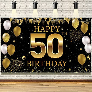 50th Birthday Decorations Backdrop Banner, Black Gold Happy 50th Birthday Decorations for Men Women, 50 Years Old Birthday Party Photo Booth Props, 50 Birthday Sign for Outdoor Indoor, Fabric Vicycaty