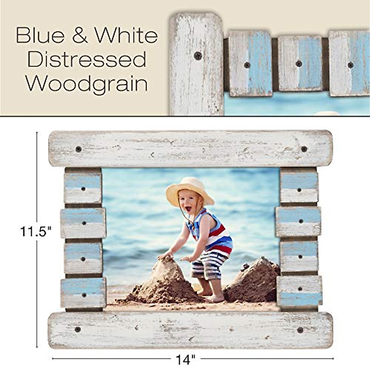 EXCELLO GLOBAL PRODUCTS Rustic Distressed Wooden 8 by 10 in Picture Frame, Blue & White