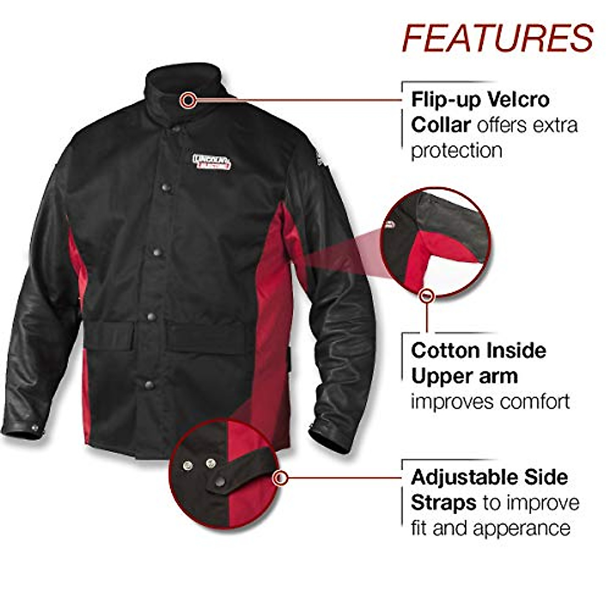 Lincoln Electric Grain Leather Sleeved Welding Jacket | Premium Flame Resistant Cotton Body | Black & Red | Large | K2987-L