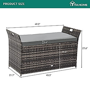 YITAHOME 90 Gallon Outdoor Wicker Storage Bench w/Cushion, Large PE Rattan Deck Storage Box w/Handles & Hydraulics for Patio Furniture, Cushions, Garden Tools, Pool & Sports Equipment, Gray