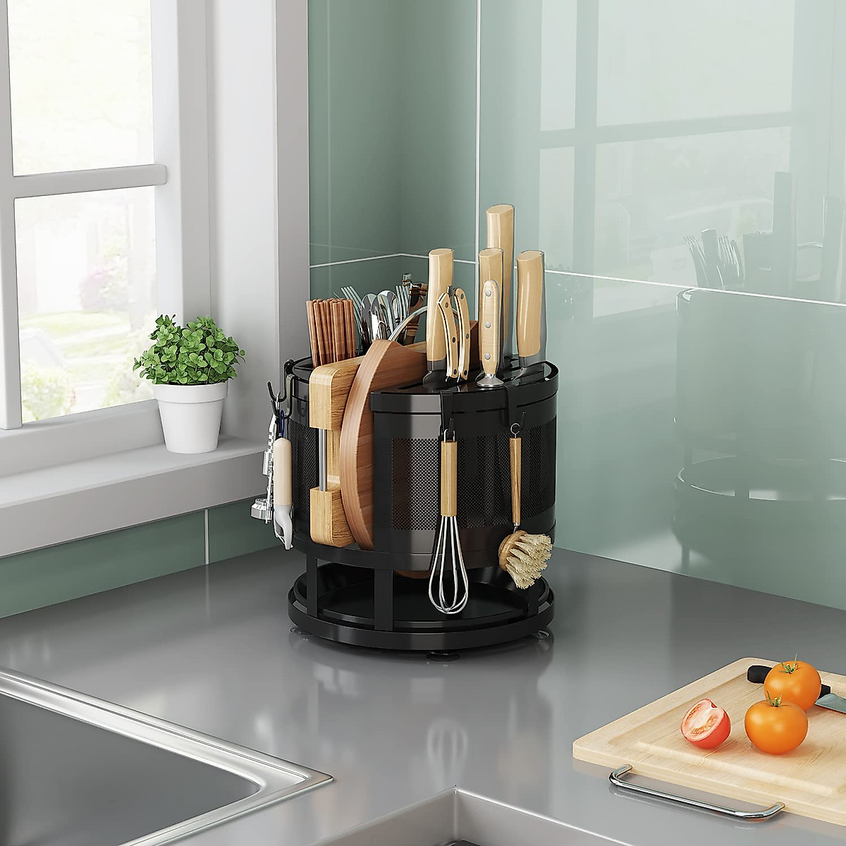Knife Holder for Kitchen Counter, Rotating Universal Knife Block Without Knives 3 in 1 Multi-function Knife Block Set Flatware Utensil Drying Rack Cutting Board Organizer with Drain Tray and hooks