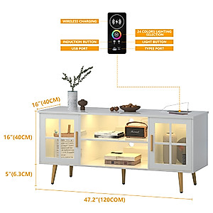 LVSOMT Modern TV Stand with Storage, Entertainment Center Cabinet for Living Room, Media Console with 24 Color Lights (Pearl White - RGB)
