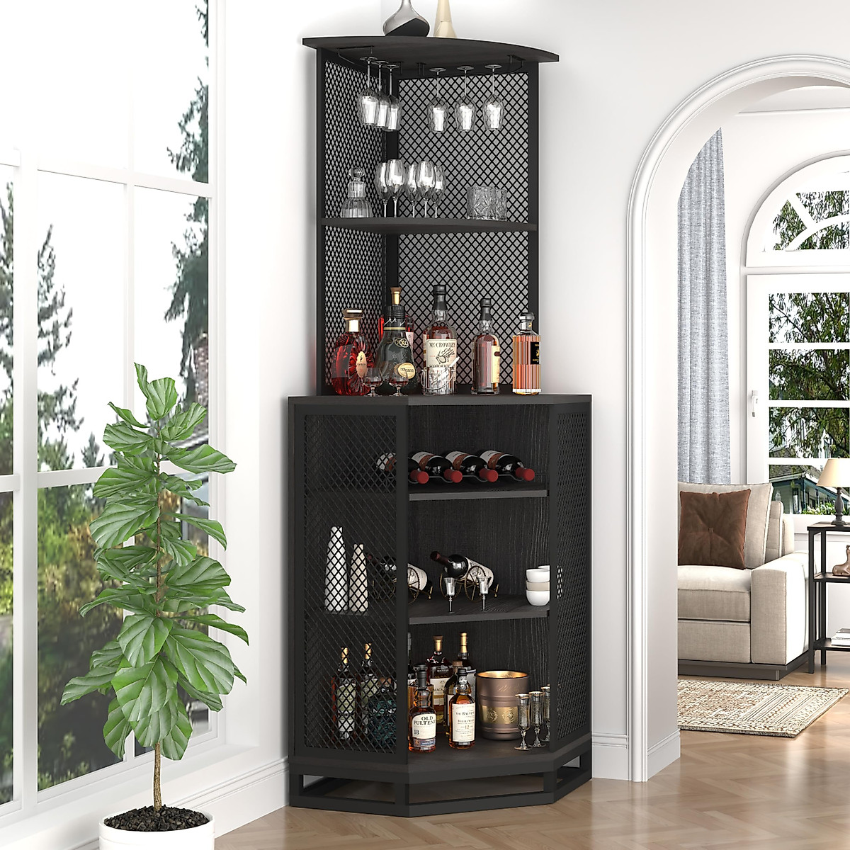IBF Tall Corner Bar Cabinet, Large Wood and Metal Liquor Cabinet with Wine Rack, Industrial Corner Wine Cabinet with Adjustble Shelf Storage, Home Bar Unit for Kitchen Living Room, Dark Gray, 71 Inch
