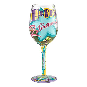 Enesco Designs by Lolita Happy, 15 oz. Retirement Blown Wine Glass, 1 Count (Pack of 1), Multicolor