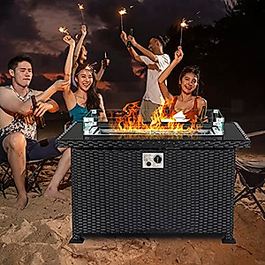 Propane Gas Fire Pit Table with Wind Guard for Outdoor, Auto-Ignition Firepits 43'' Rattan Table 50,000 BTU, Black