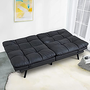 Vyfipt Futon Bed/Couch,Black Faux Leather Memory Foam Small Splitback Convert Backrests&Armrests,Easy to Clean Sofas, 71x33x31.5IN