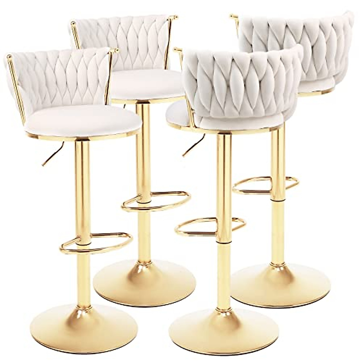 HANLIVES Velvet Bar Stools Set of 4,360° Woven Modern Gold Bar Stools,Swivel Adjustable Height Barstools with Backs Gold Metal Tall Kitchen Counter Chairs for Bar Pub Cafe(Beige*4)