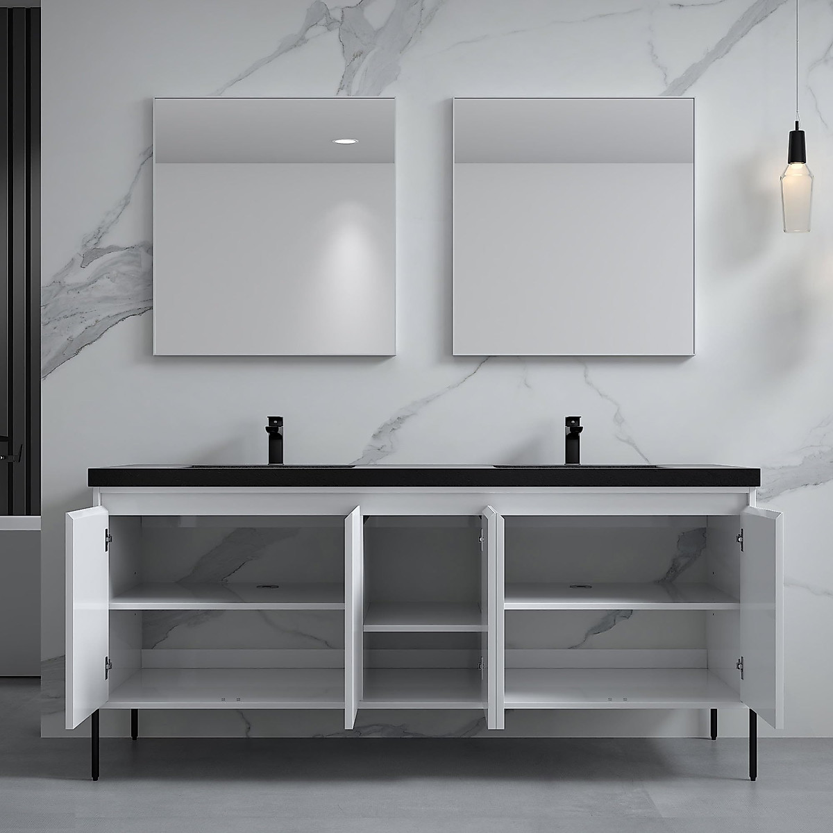 Dowell 72“ Fluted Design Vanity Set – Modern Bathroom Cabinet with Soft-Close Door & Shelf.Glossy White- 002 72 21V/7322BPBL