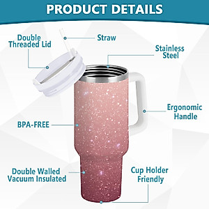 Rose Gold Glitter Sparkle 40 oz Tumbler with Handle and Straw Lid, Sequins Insulated Coffee Cup Reusable Stainless Steel Water Bottle Travel Mug Cupholder Friendly,Gifts for Women Men