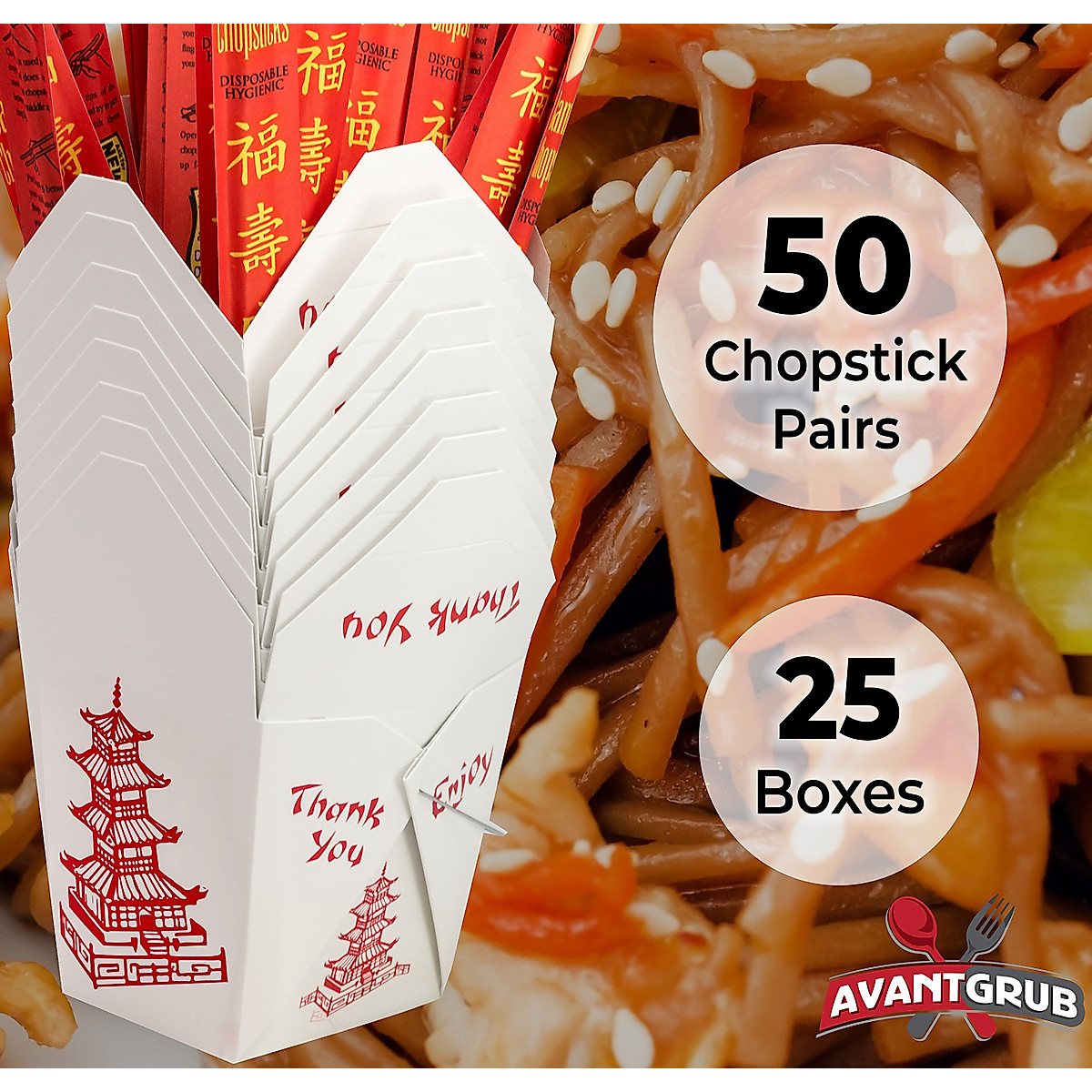 Avant Grub Food Storage Container, Greaseproof Chinese Take Out Box With Chopsticks. 25pk Large Food Containers With 50pk Sleeved and Separated Bamboo Chop Sticks, 32 Oz