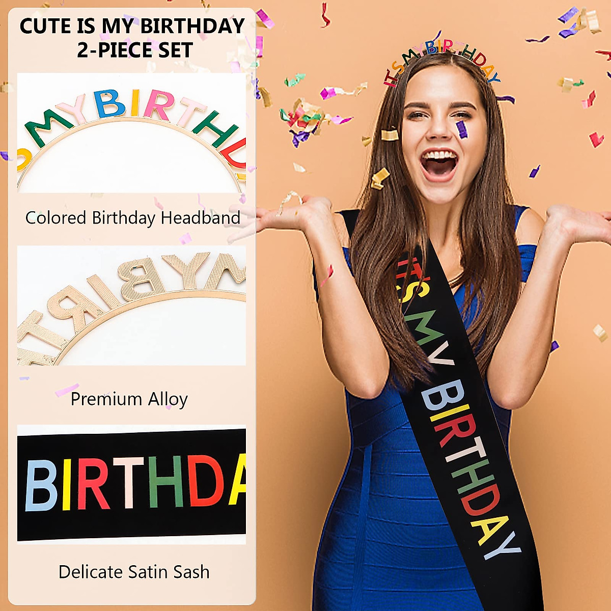 Birthday Crowns, Sash & Headband Set - Princess Tiara, Sweet Happy Birthday Accessories for Women Girls Party