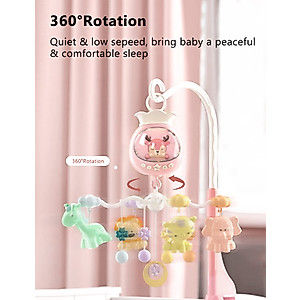 BSROLUNA Baby Crib Mobile with Music and Lights, Baby Mobile for Crib with Remote Control, Hanging Rotating Animal Rattles, 50 Songs and Timing Function, Cartoon Baby Crib Toys for Girls (Baby Pink)