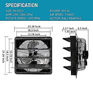 VENTISOL 18 Inch Shutter Exhaust Fan Wall Mounted, Aluminum with 1.65 Meters Power Cord Kit,High Speed 2500CFM, Ventilation Fan for Garage,Greenhouse,Attic,Shed,Shop,Black