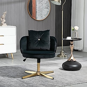 MOONMISS Swivel Office Desk Chair - Ergonomic Comfy Desk Chairs with Pillow, Adjustable Velvet Vanity Chair for Study, Office, Make-up, Black-Gold Legs