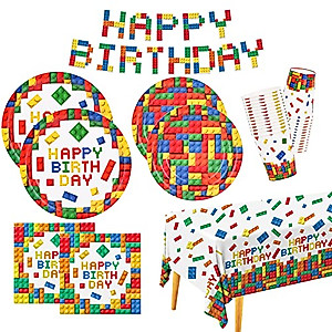 Building Block Party Supplies Paper Plates Napkins Cups Tablecloth Banner for Colorful Building Block Birthday Party Decorations for Boys, Kid’s Birthday Party Decorations Serve 25