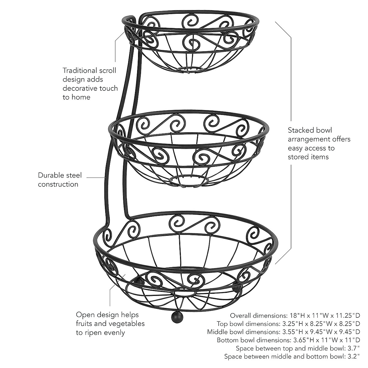 Spectrum Diversified Scroll Arched Server Stacked, 3-Tier Fruit Bowls Counters, Traditional Kitchen Décor & Fruit Basket Stand, Black