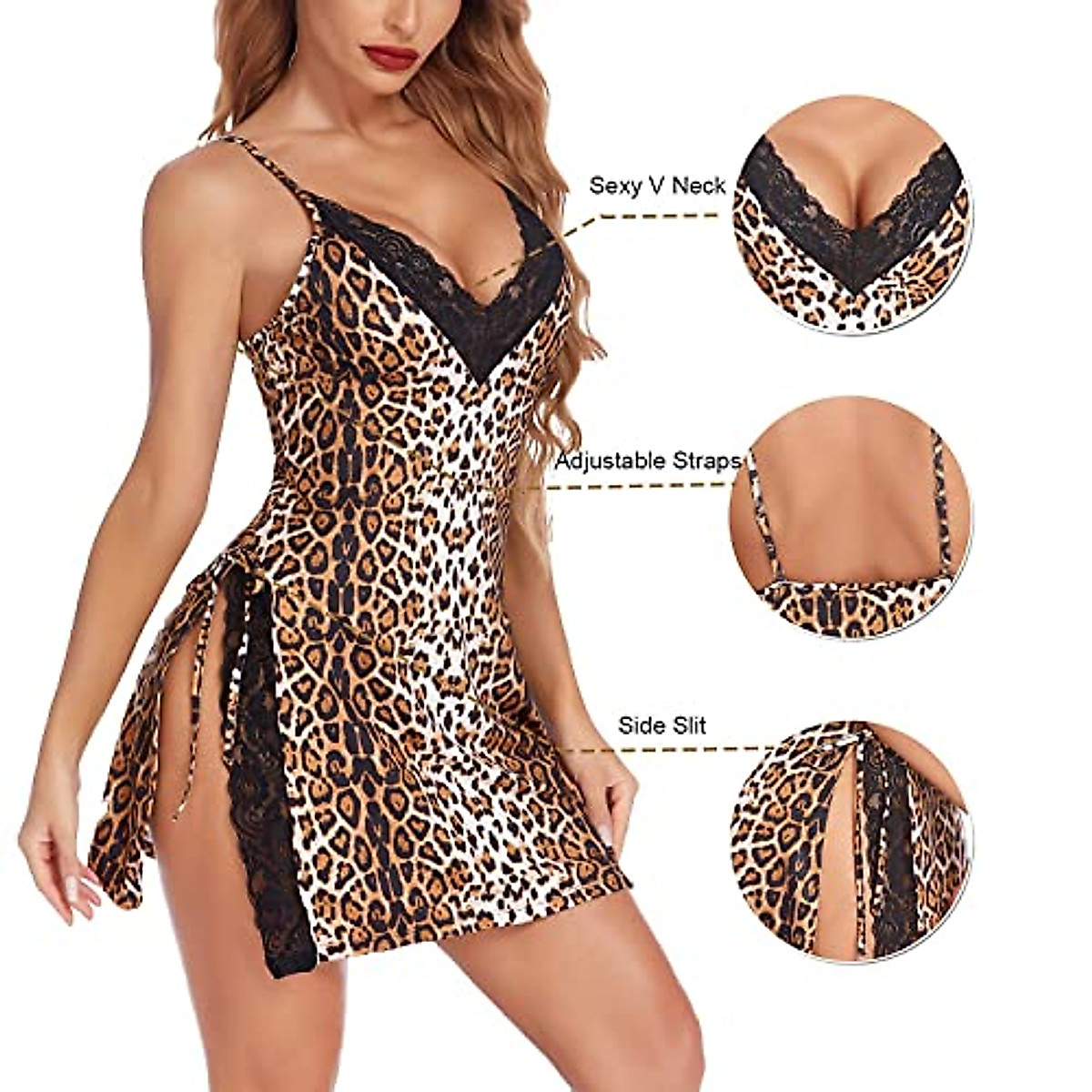 Avidlove Leopard Negligee Lingerie Sexy Babydoll Nightgown Lace Chemise Sleepwear(Leopard-Coffee,M)